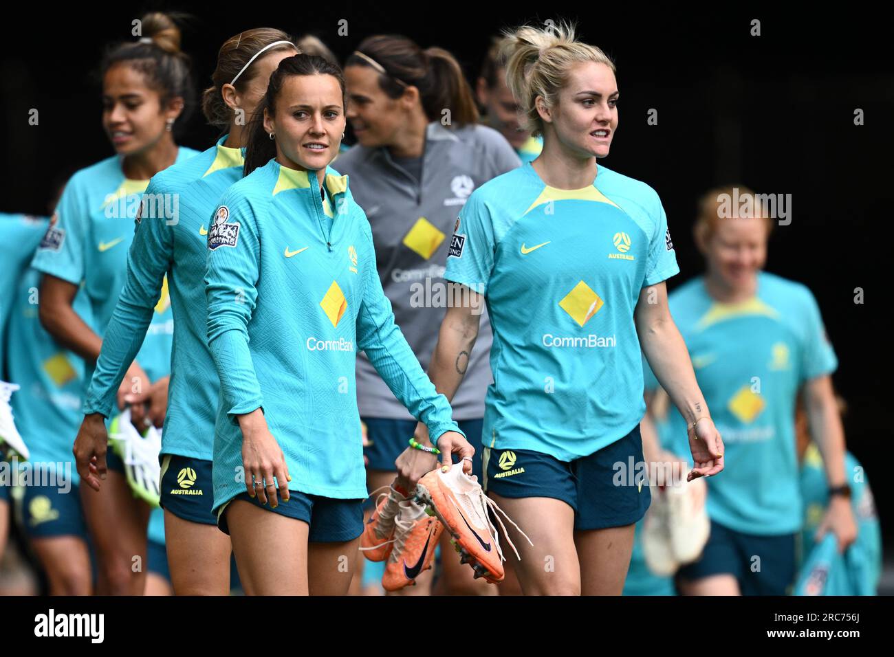 Melbourne, Australia. 13th July, 2023. Hayley Raso (left) and Ellie ...