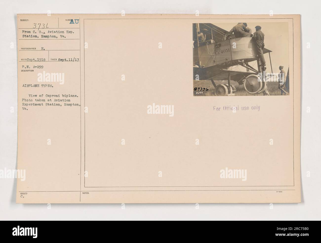 View of a Caproni biplane taken at the Aviation Experiment Station in ...