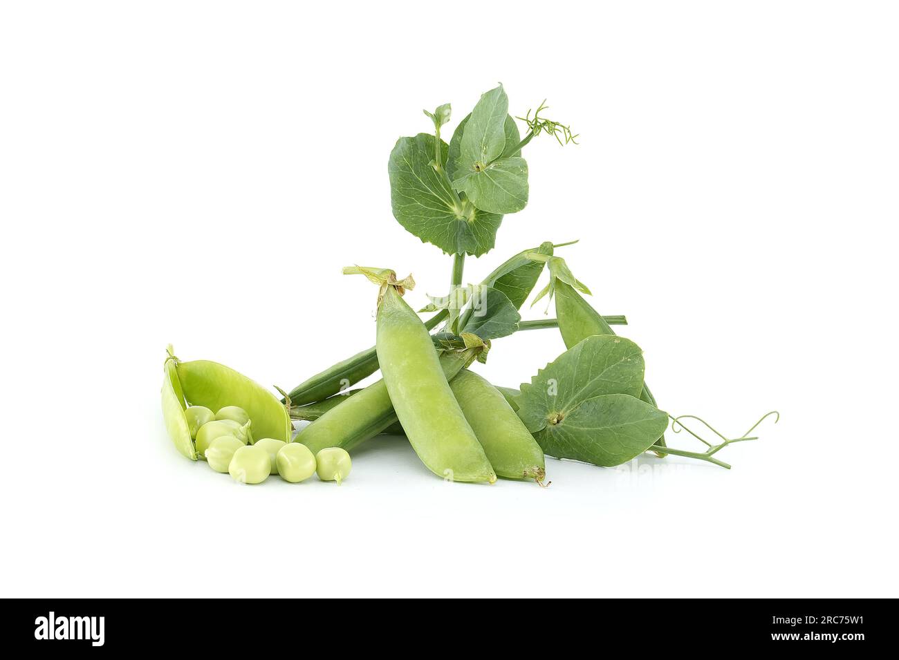 Fresh garden peas pods with green leaves isolated on a white background ...