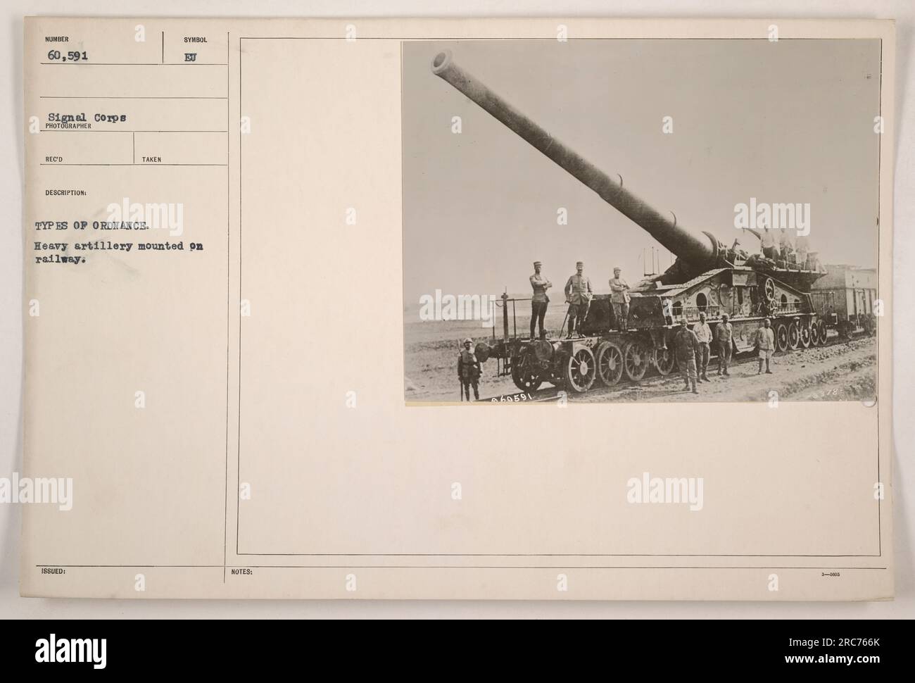 Heavy artillery mounted on railway. This photograph showcases the ...