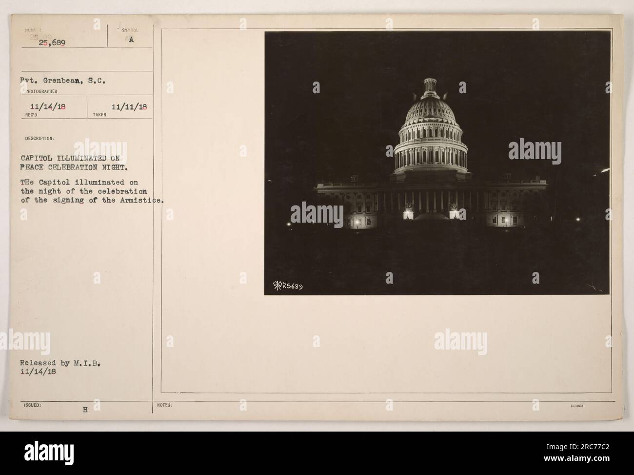 The Capitol building illuminated on the night of the Armistice signing ...