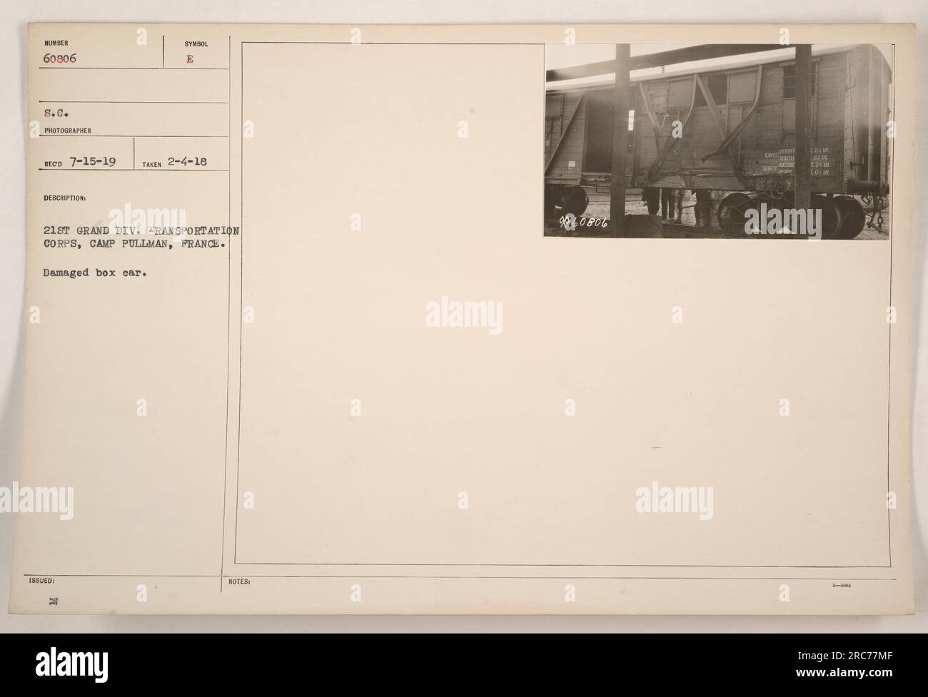 Damaged box car (Sunder 60806) of the 21st Grand Division ...