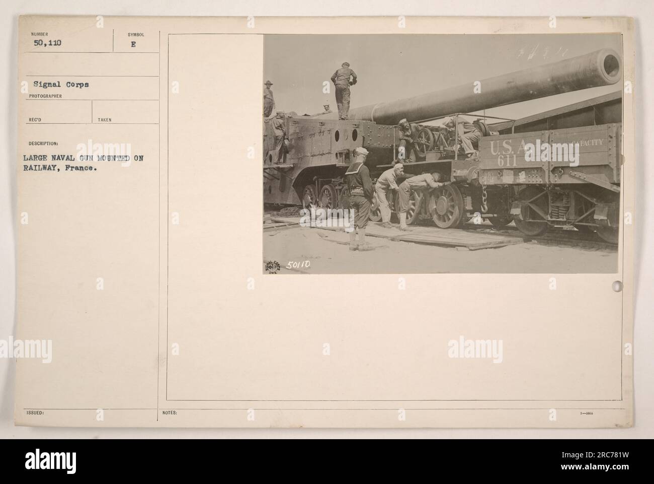 A large naval gun mounted on a railway in France. This photograph ...