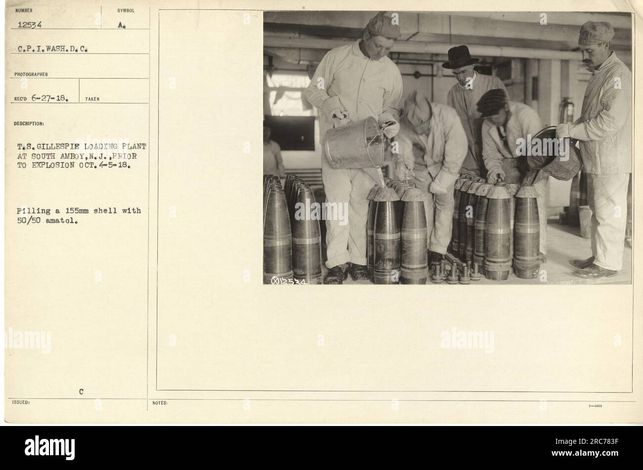 Workers loading a 155mm shell with 50/50 amatol at the T.S. Gillespie ...