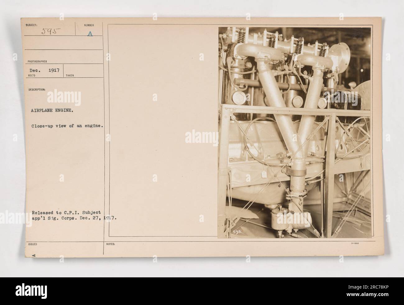 A close-up photograph of an airplane engine from 1917. The image was ...