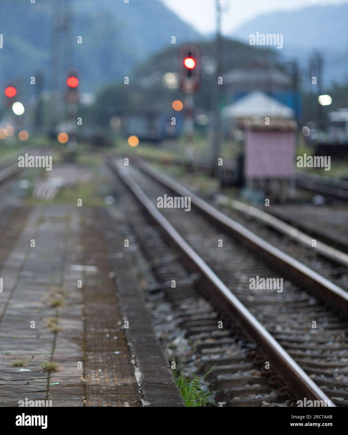 Railway track on rural bridge steel structure train tracks blurred ...