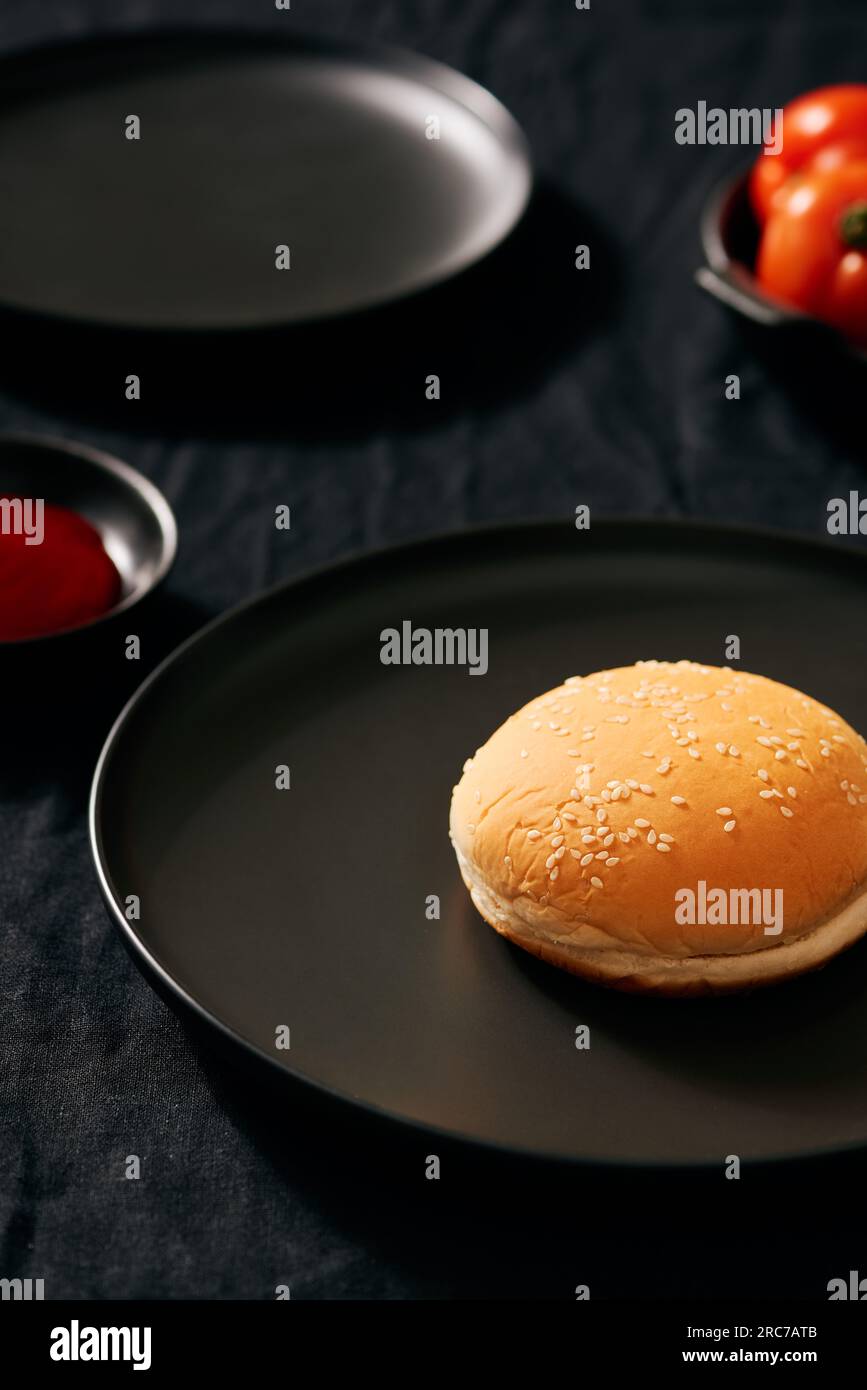 Process making of burger, step by step isolated on black background ...