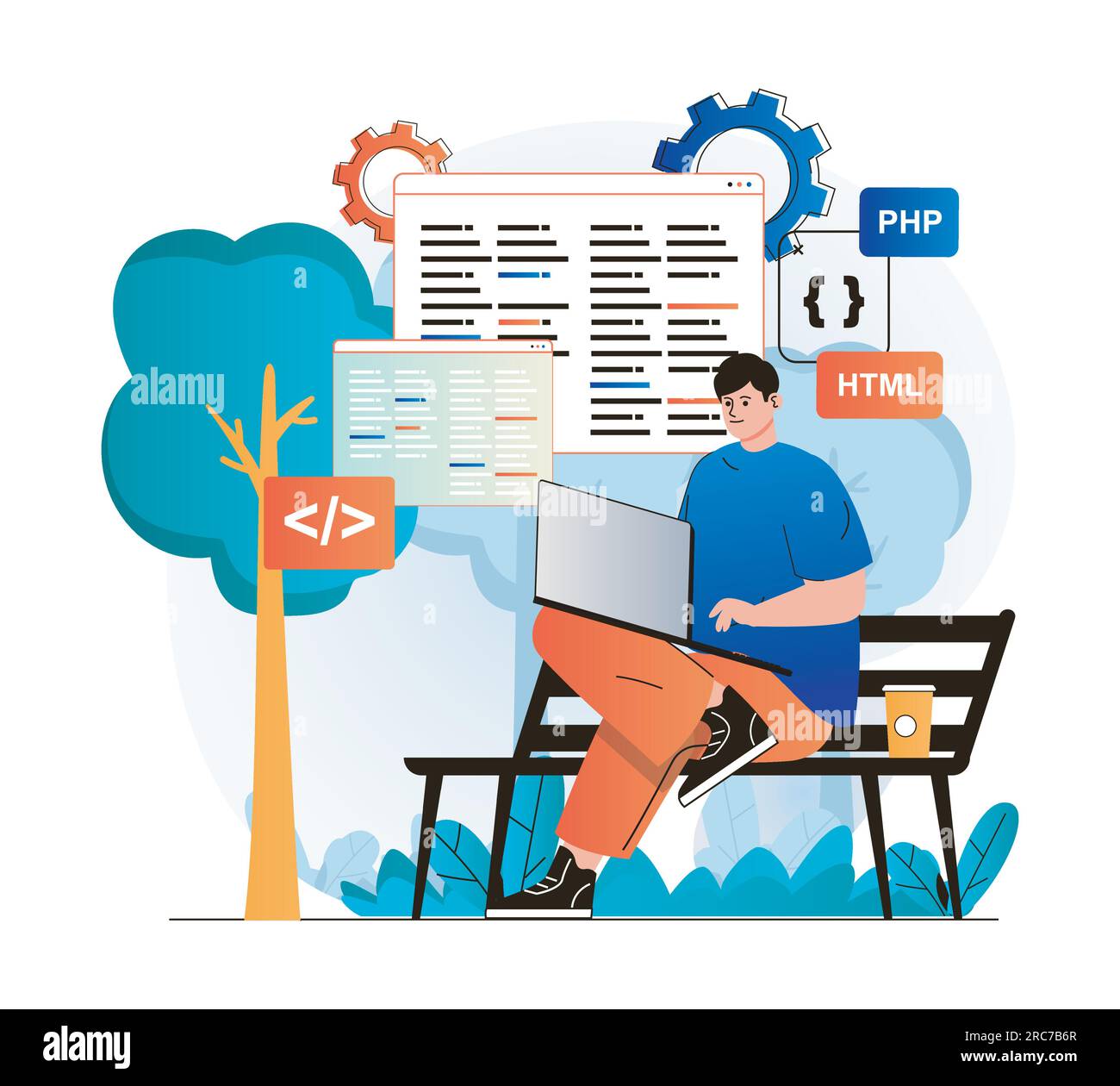 Freelance working concept in modern flat design. Man developer works at ...