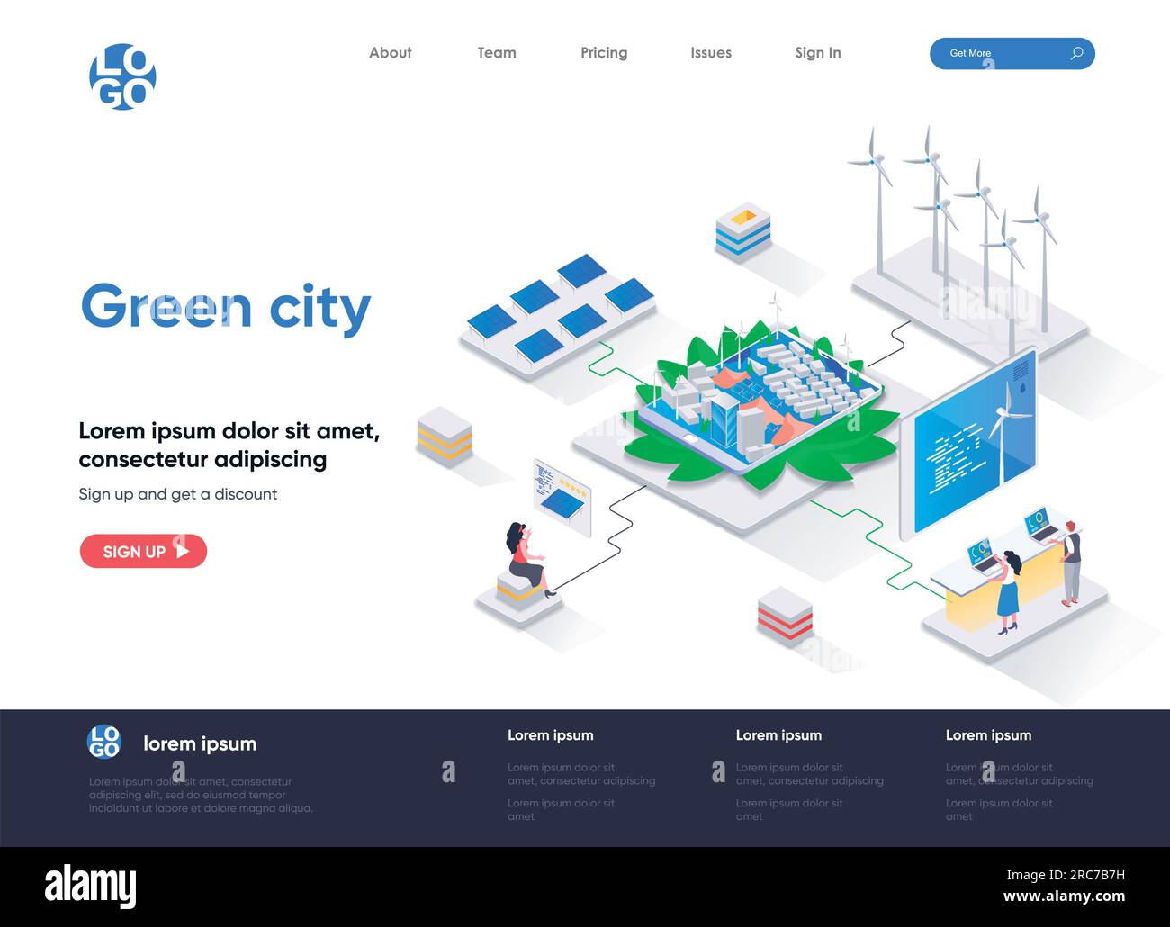 Green city isometric landing page. Ecology conservation and safety ...