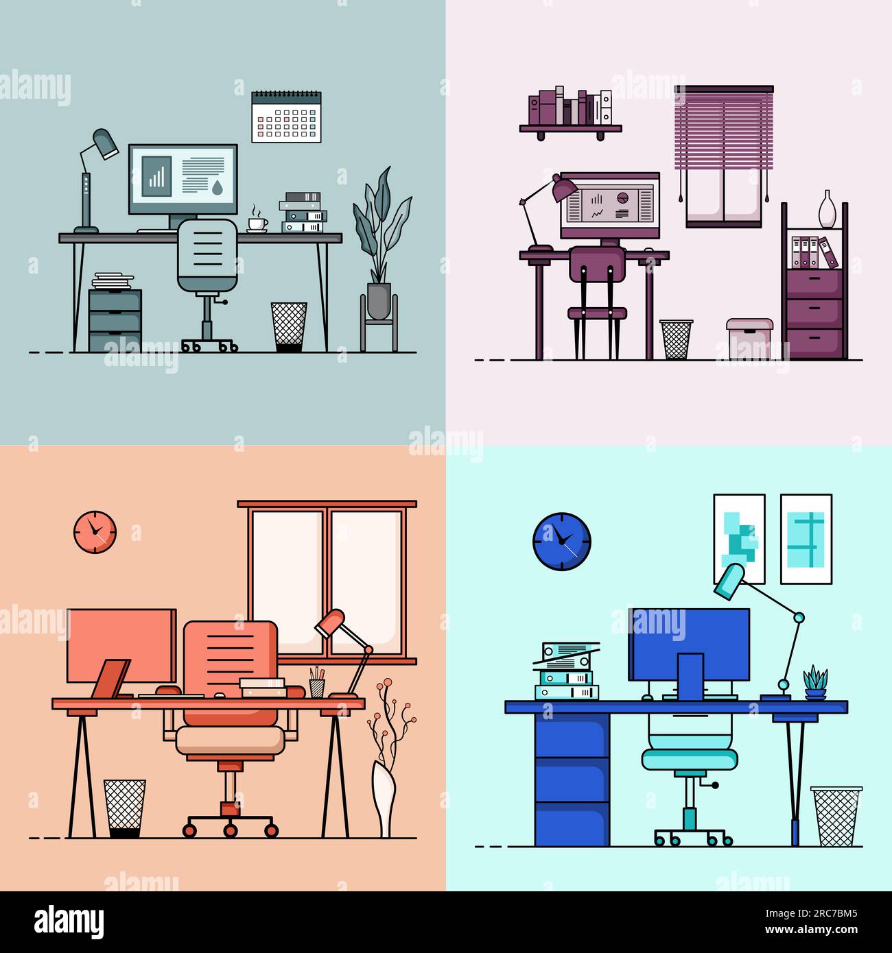 Collection of working table flat design, Concept of working desk ...