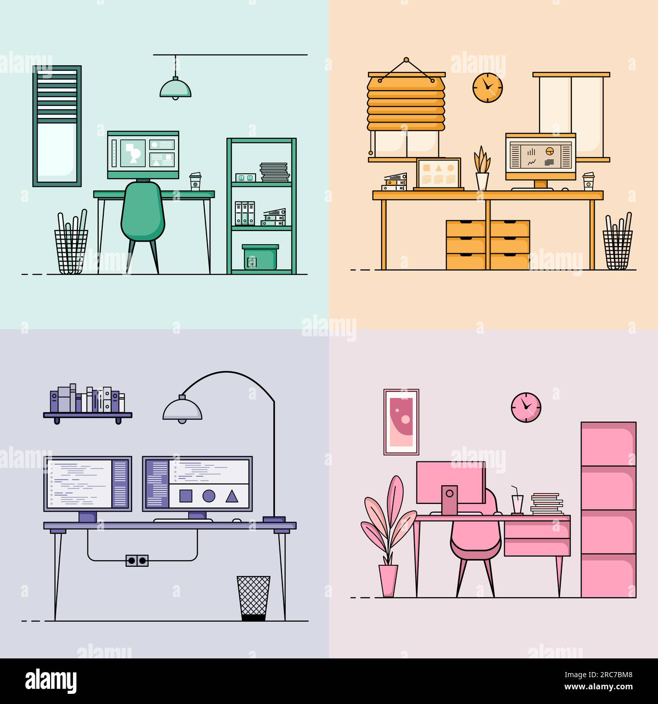 Collection of working table flat design, Concept of working desk ...