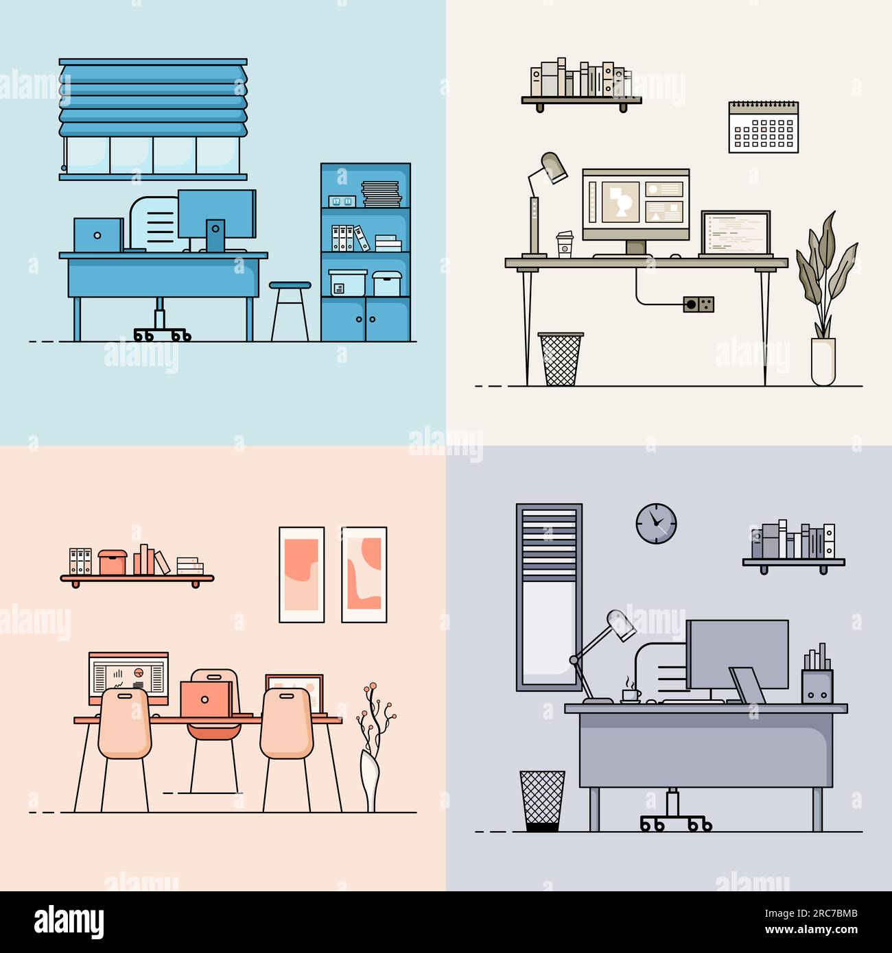 Collection Of Working Table Flat Design Concept Of Working Desk