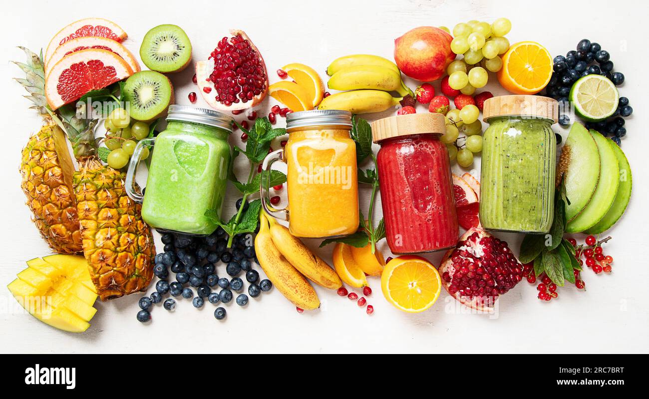 Fresh fruit and vegetable smoothies or juice with various ingredients ...
