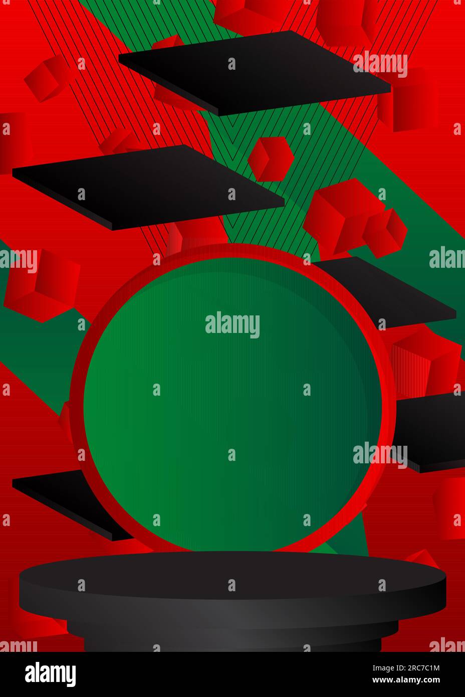 Black, green and red cylinder pedestal podium. Abstract stage showcase for presentation. Vector ...