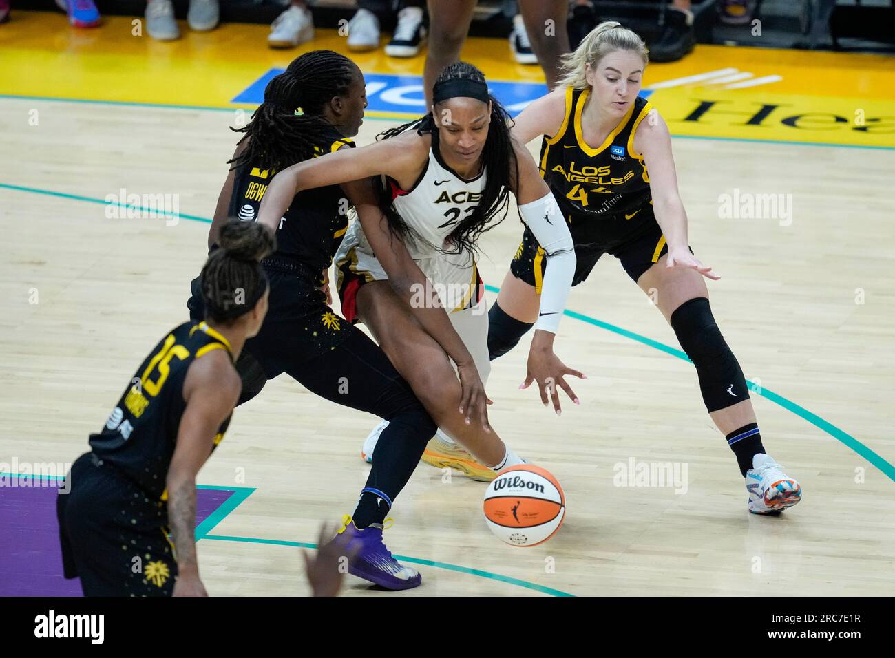 Los Angeles Sparks forward Nneka Ogwumike (30) fouls Las Vegas Aces ...