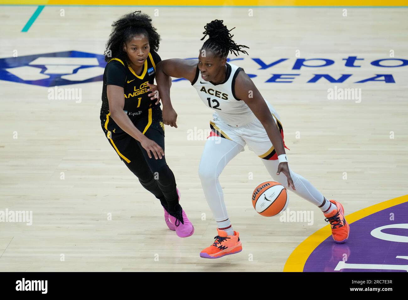 Las Vegas Aces guard Chelsea Gray (12) controls the ball against Los ...