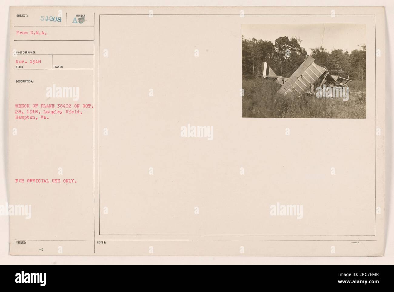 Wrecked plane 38402 on Oct. 28, 1918, Langley Field, Hampton, Va ...