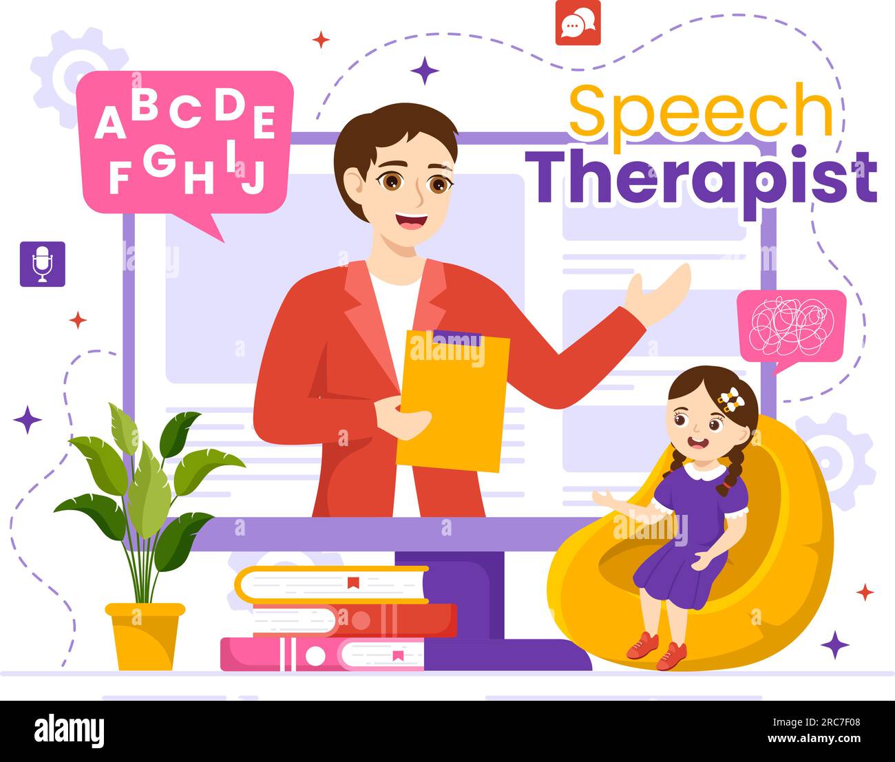 Speech Therapist Vector Illustration with Child Training Basic Language ...