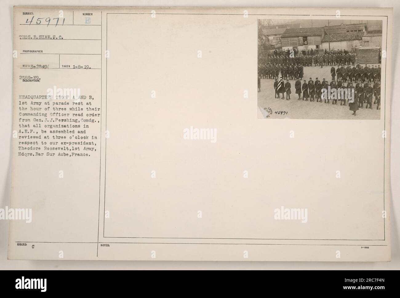 "A photograph of headquarters Troop A and B of the 1st Army at parade ...