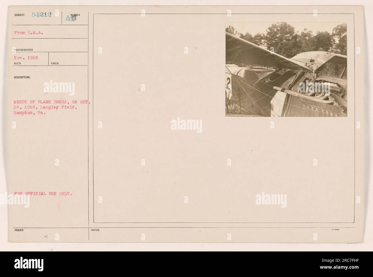 Wreckage of plane 38402 at Langley Field, Hampton, Virginia on October ...