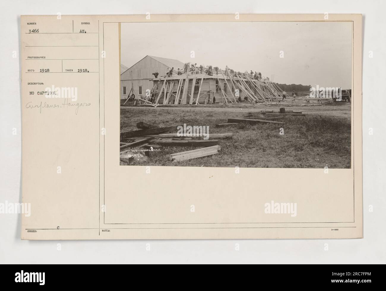 Airplane hangars at an American military base during World War One. The ...
