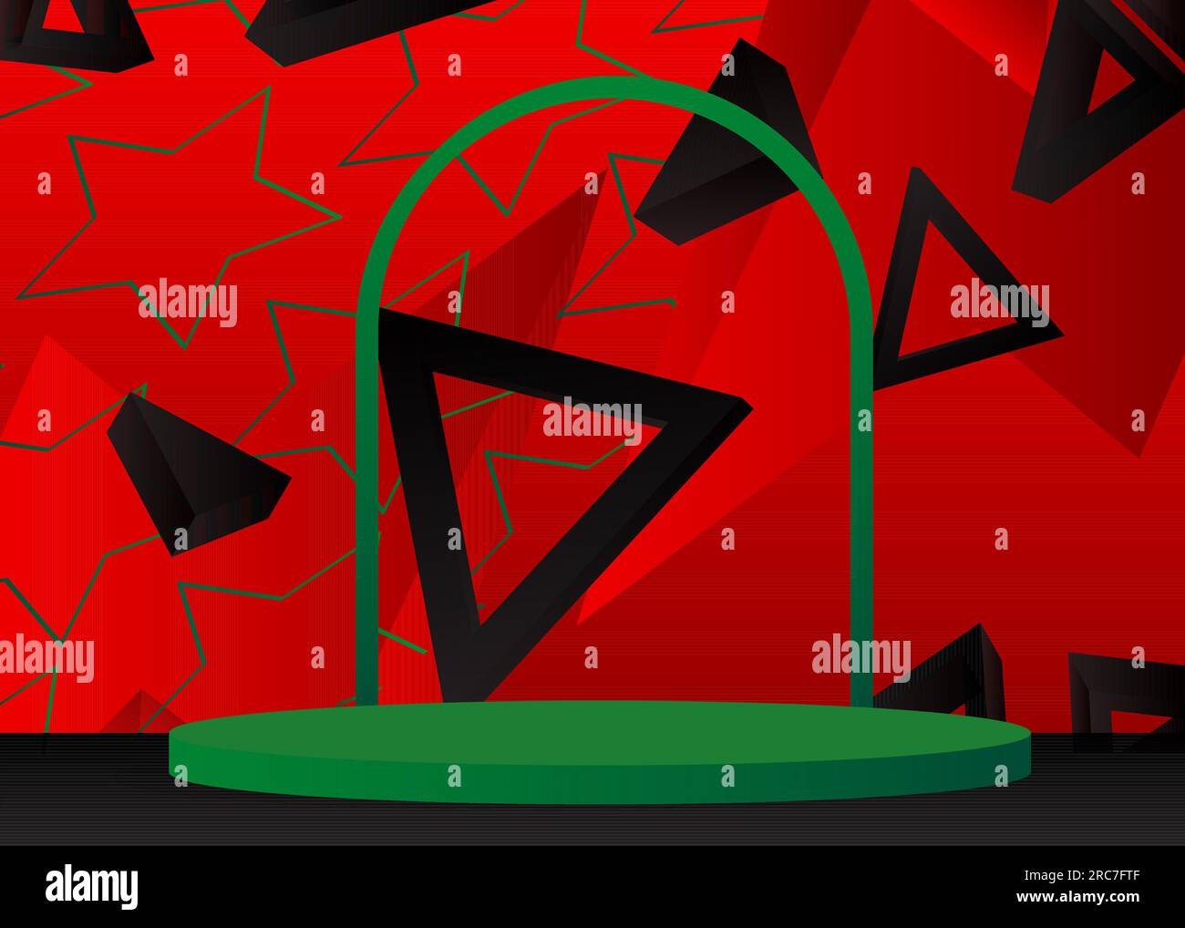 Black, green and red cylinder pedestal podium. Abstract stage showcase ...