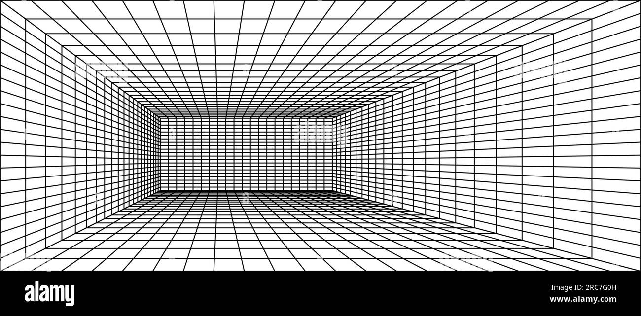 Wireframe grid room. 3d perspective background. Futuristic digital ...