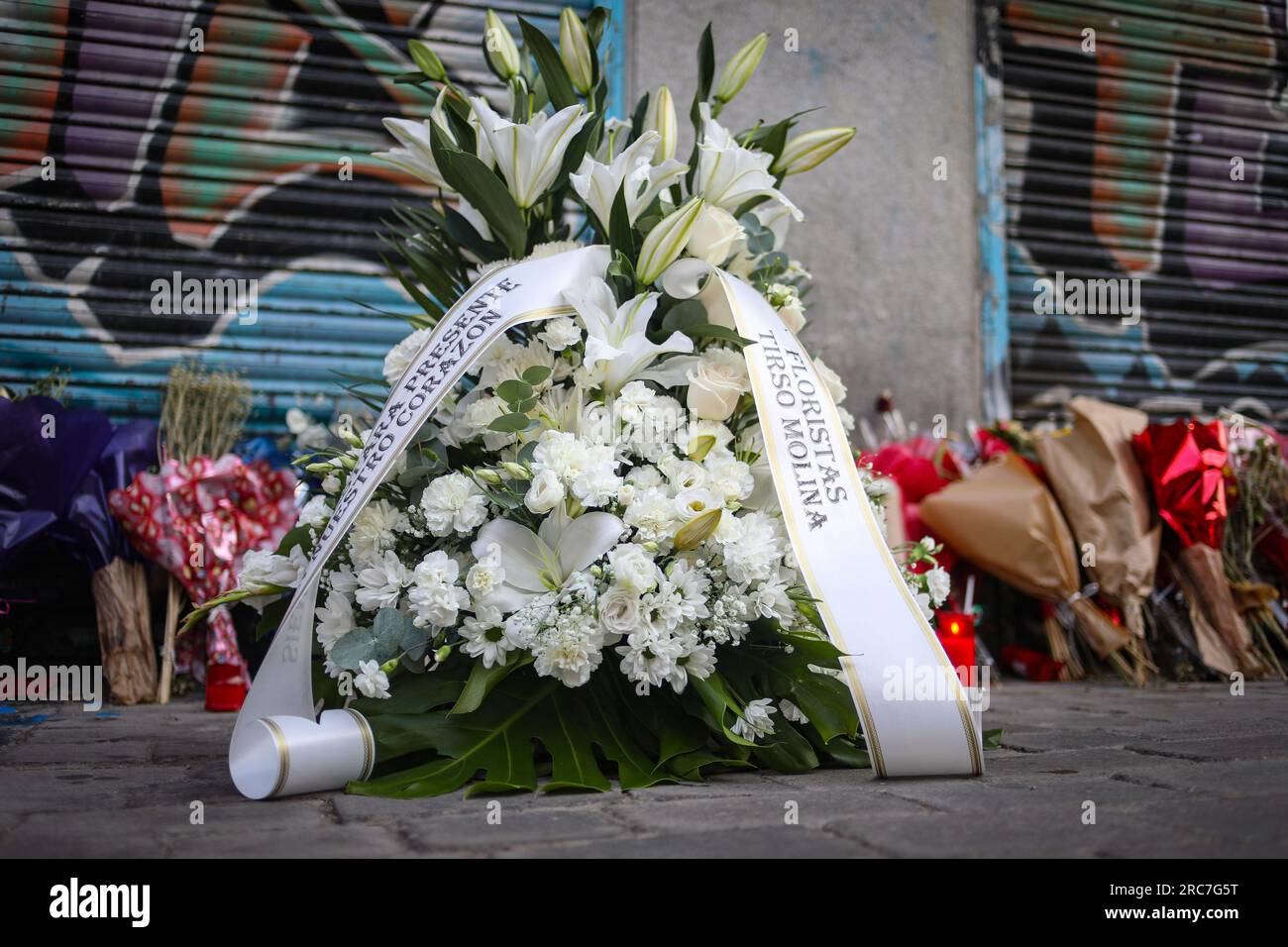 Madrid, Spain. 12th July, 2023. Flowers that were left by the residents ...