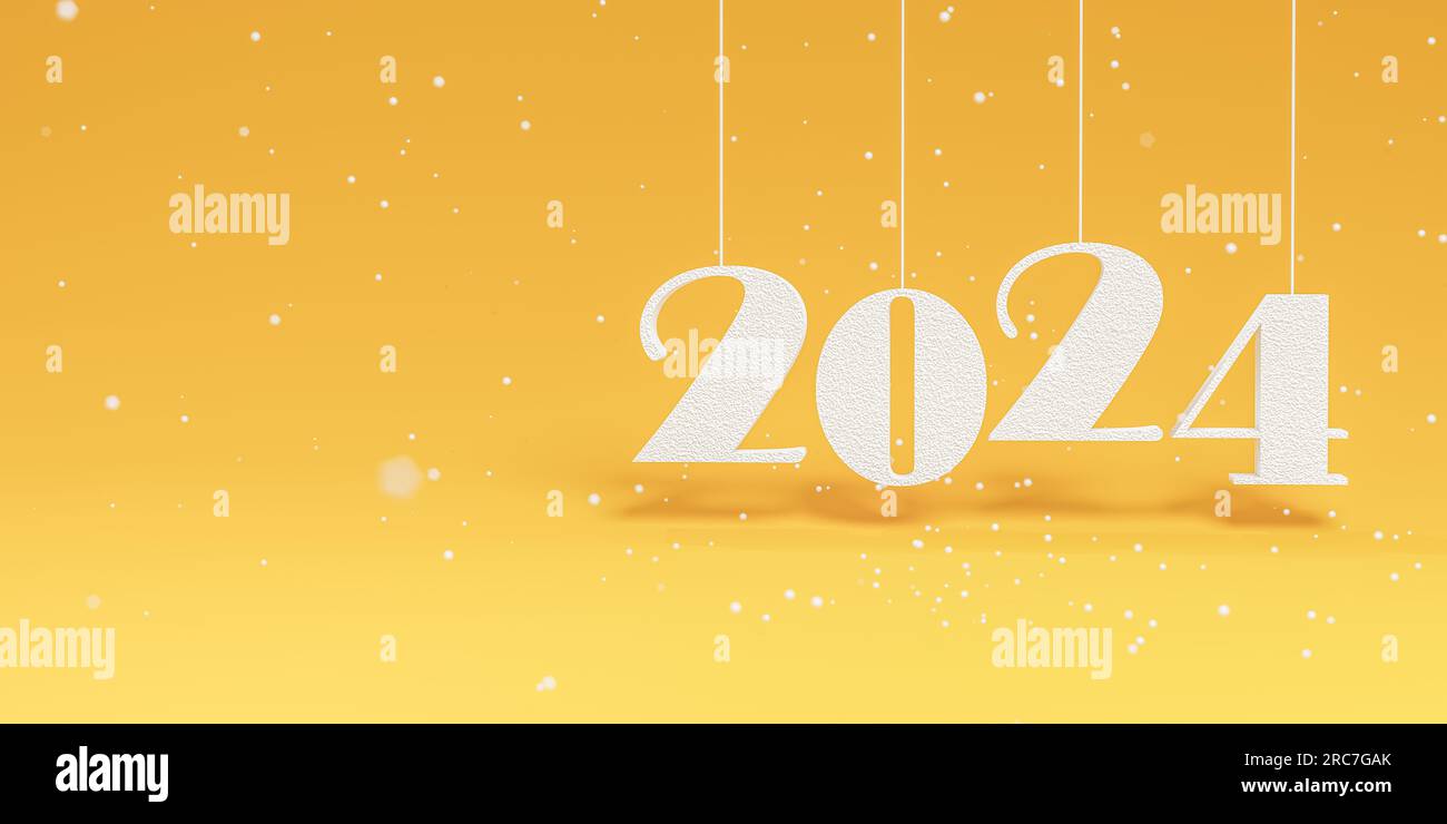 2024 happy new year. 2024 numbers and snow on yellow background. White ...