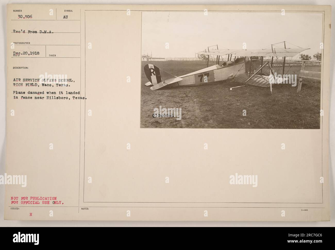 "Damaged plane from the American Military's Air Service Flying School ...