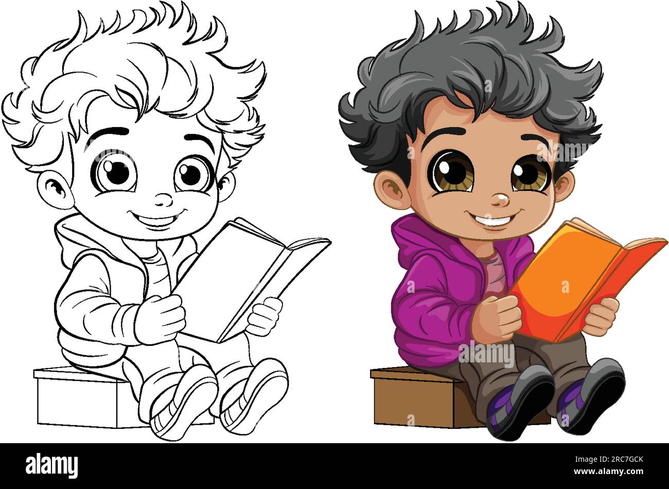 Cute Boy Reading Book Outline for Colouring illustration Stock Vector ...