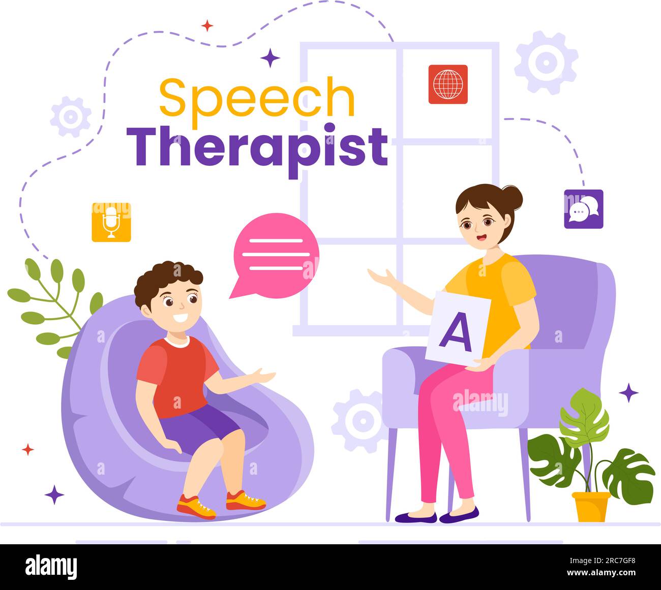 Speech Therapist Vector Illustration with Child Training Basic Language ...