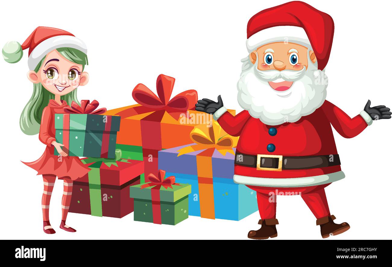 Santa claus and cute elf delivery gift box illustration Stock Vector ...