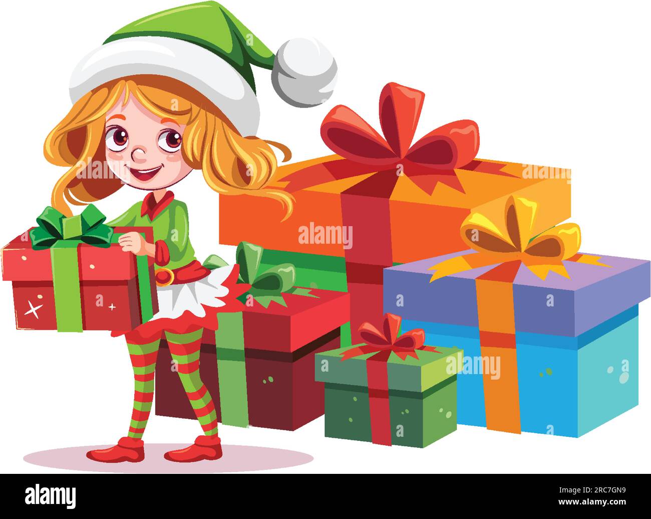 Christmas elf cartoon character with gift box illustration Stock Vector ...