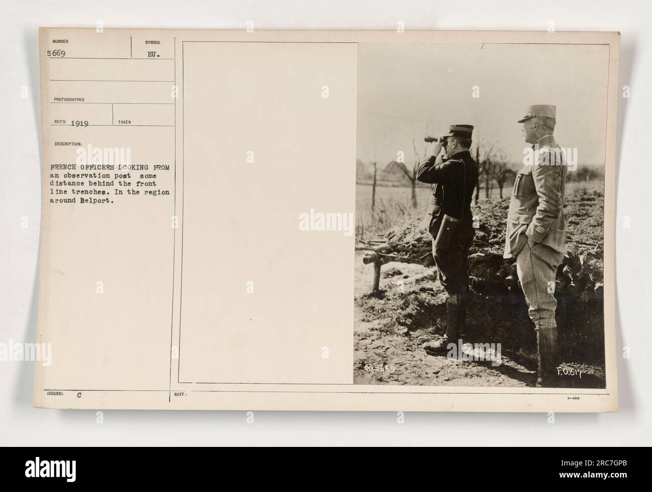 French officers observing the front line trenches from an observation ...