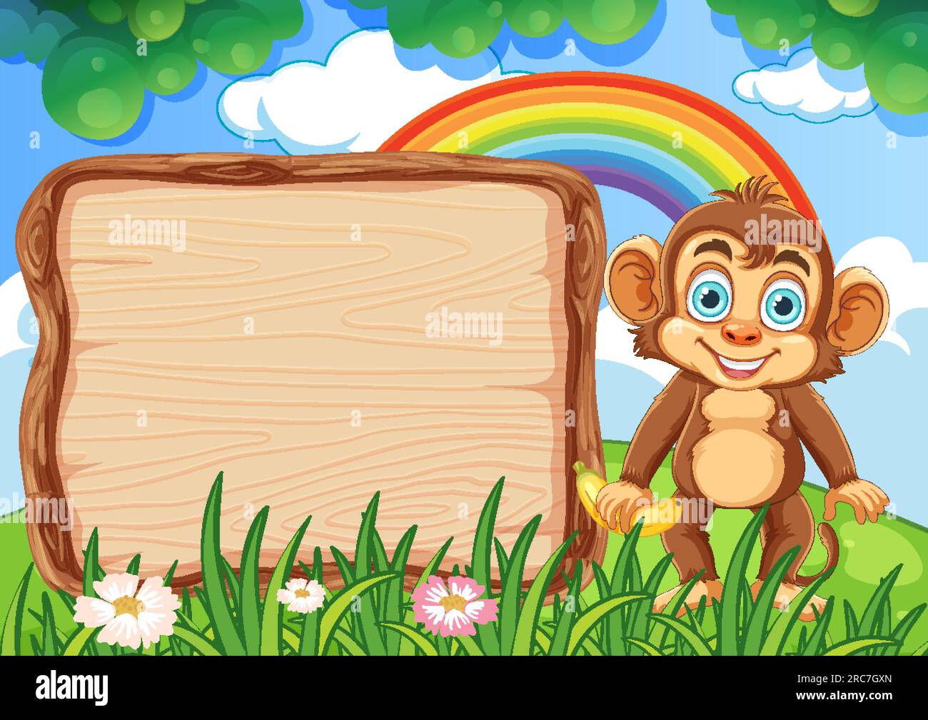 Cute Monkey with Empty Wooden Board illustration Stock Vector Image ...