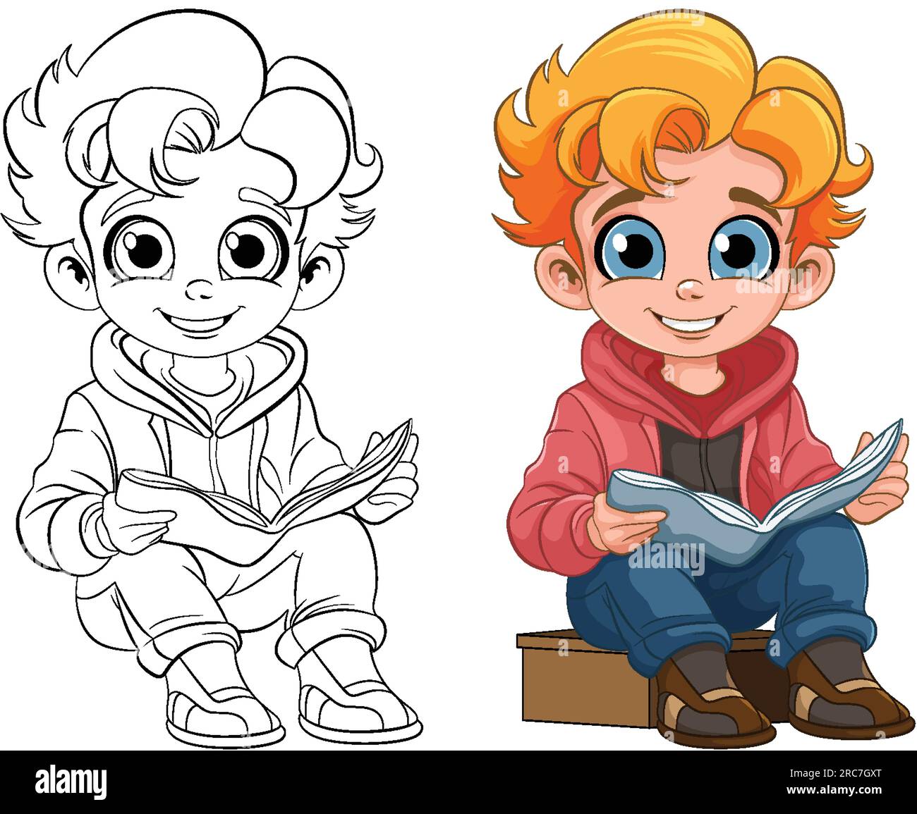 Boy sitting and reading the book and its outline illustration Stock ...