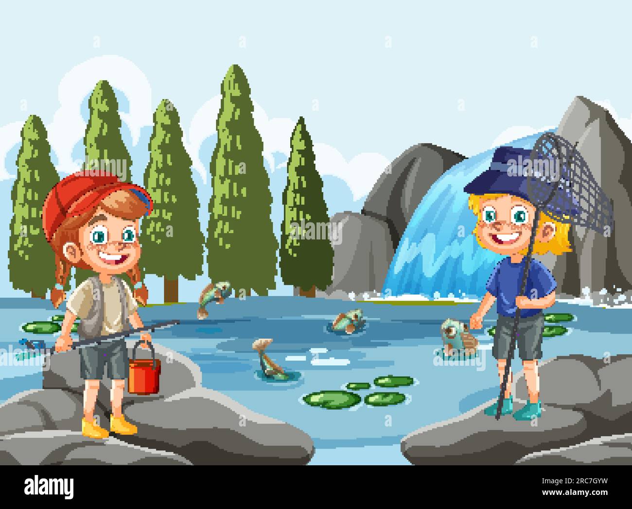 Kids Cartoon Characters Exploring Pond in Forest Scene illustration ...