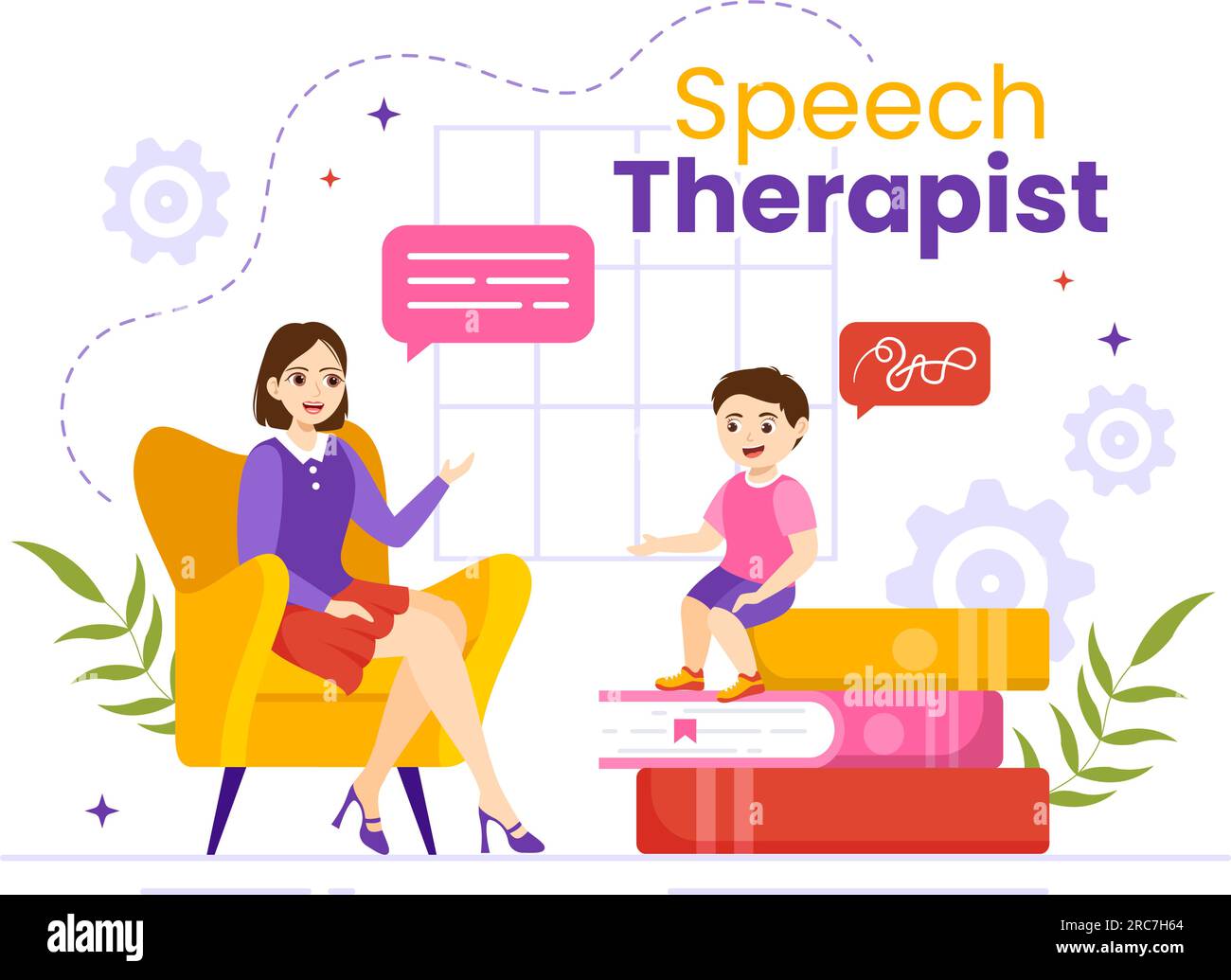 Speech Therapist Vector Illustration with Child Training Basic Language ...