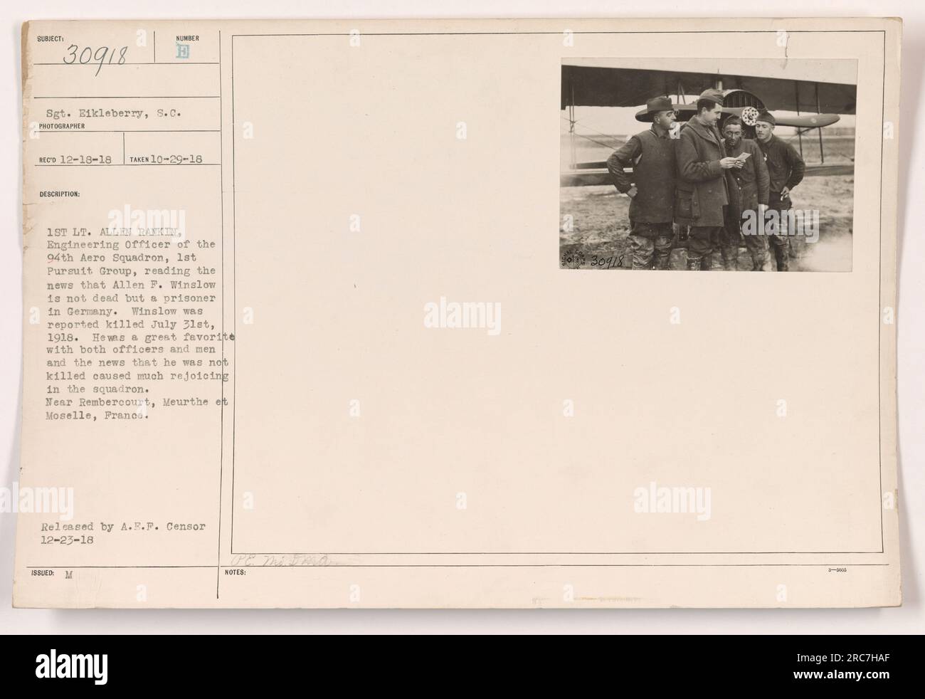 1LT Allen Rankin, engineering officer of the 94th Aero Squadron, 1st ...