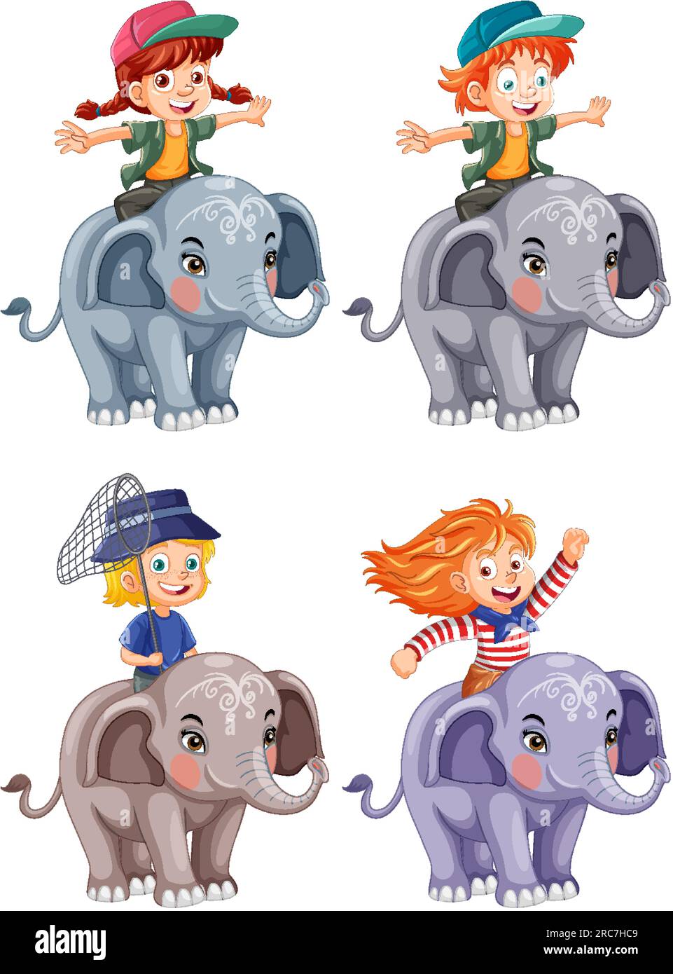 Collection of different kids riding elephants illustration Stock Vector ...