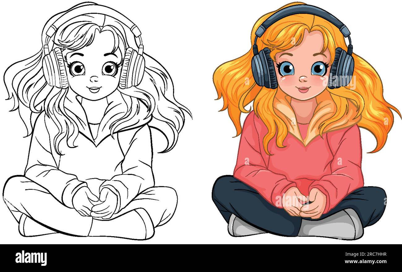 Female youth wearing headset listening to music and sitting on the ...