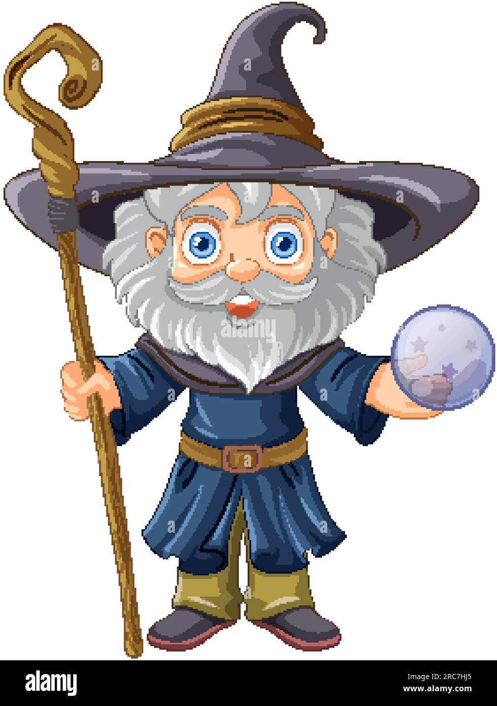 Old wizard wearing a hat with a long beard holding stick illustration ...
