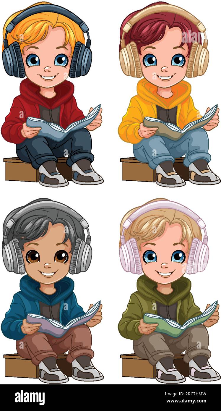Boy reading a book and wearing headset illustration Stock Vector Image ...