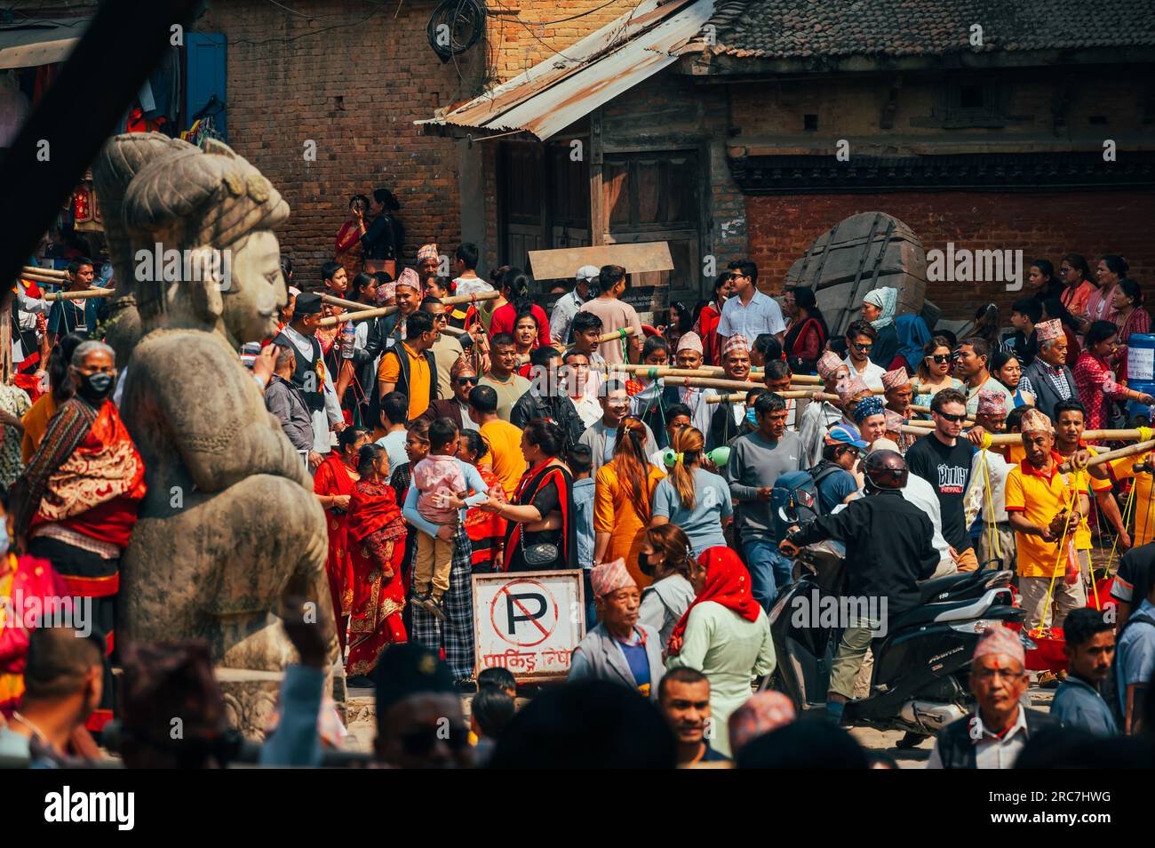 Bhaktapur, Nepal - Apr 16, 2023: Locals gathering and celebrating Biska ...