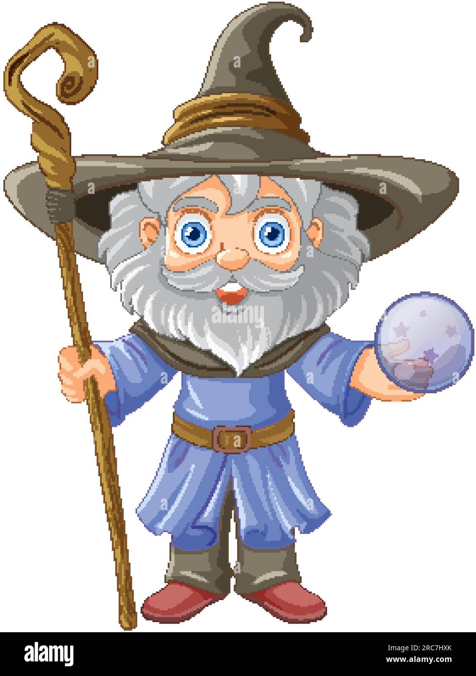 Old wizard wearing a hat with a long beard holding stick illustration ...
