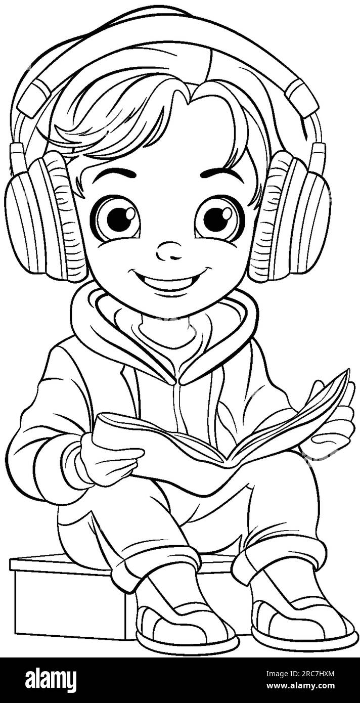 Boy reading a book and wearing headset doodle outline illustration ...