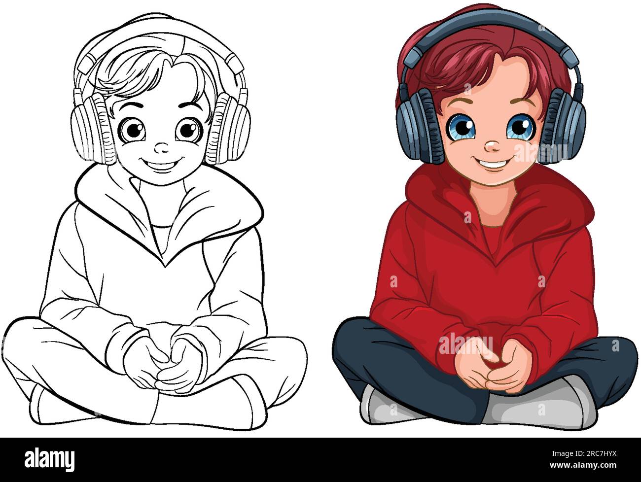 Boy sitting on the floor listening to music with headset and doodle ...