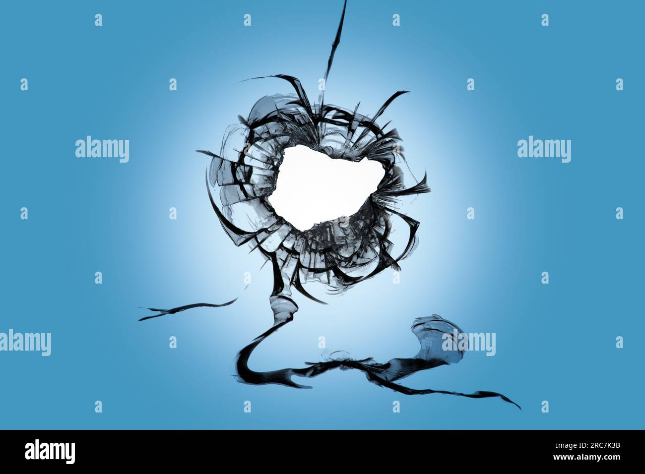 A hole with cracks on the window glass. Consequences of shelling. Hole ...