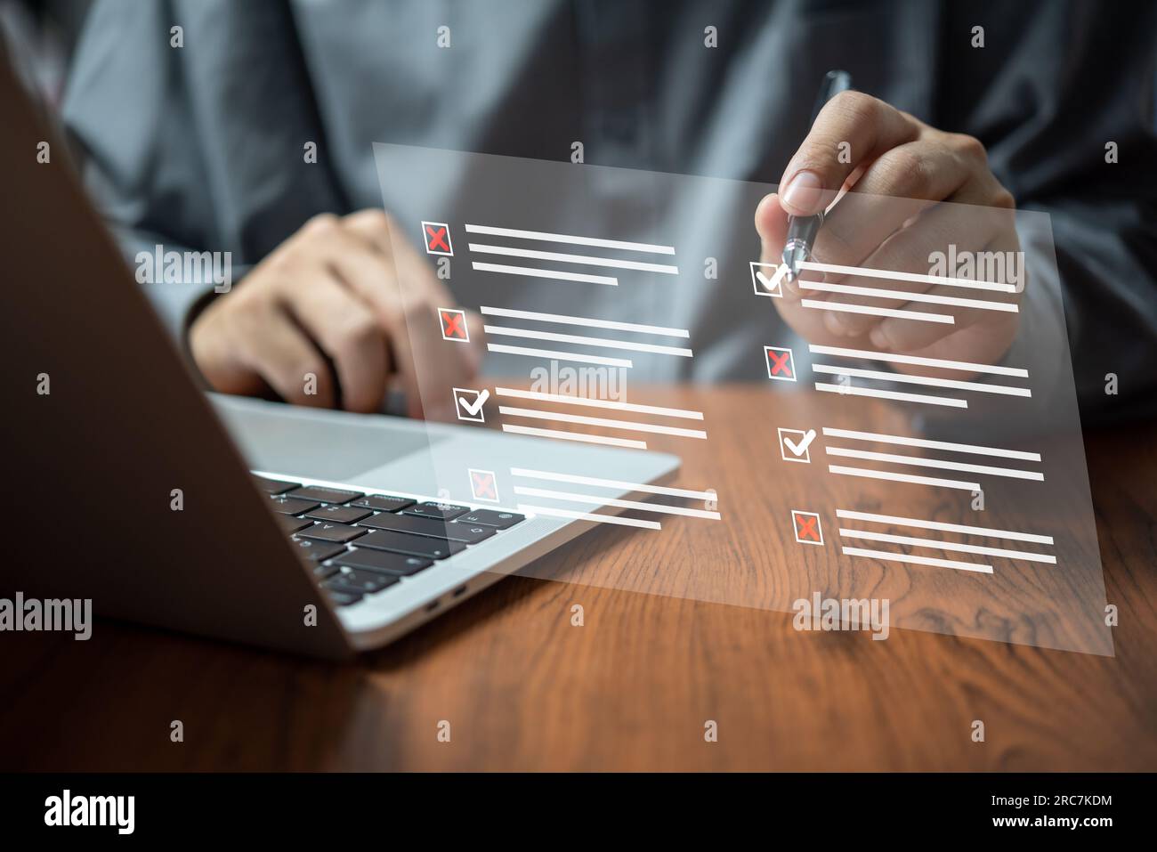 man chooses questionnaire with checkbox, survey form online, answer ...